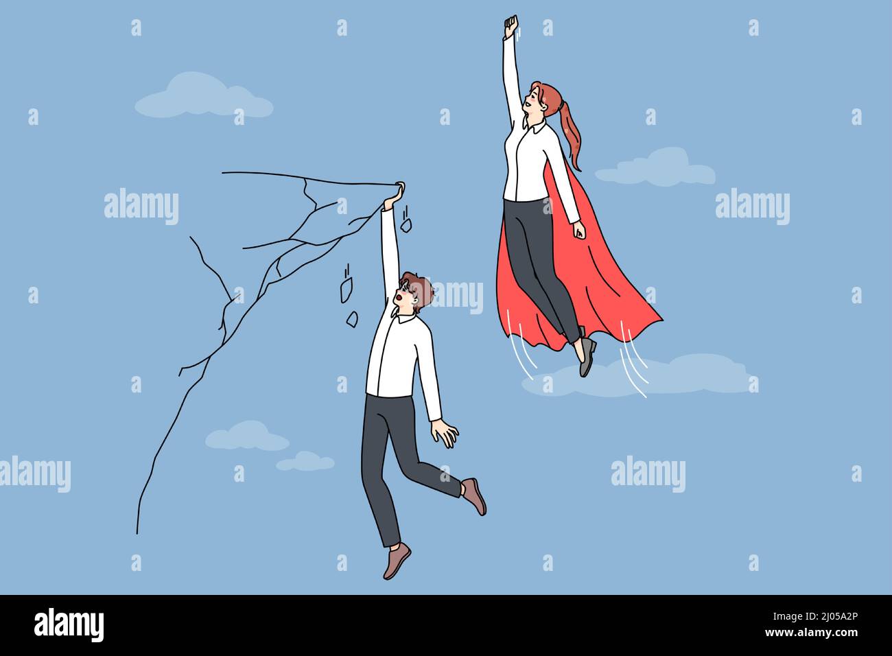 Businesswoman As Superhero Fly Up Leaving Behind Male Colleague Woman