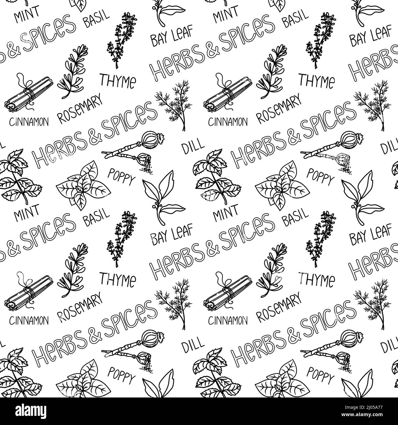 Seamless herbal pattern, drawn element in doodle style. Silhouettes of ...