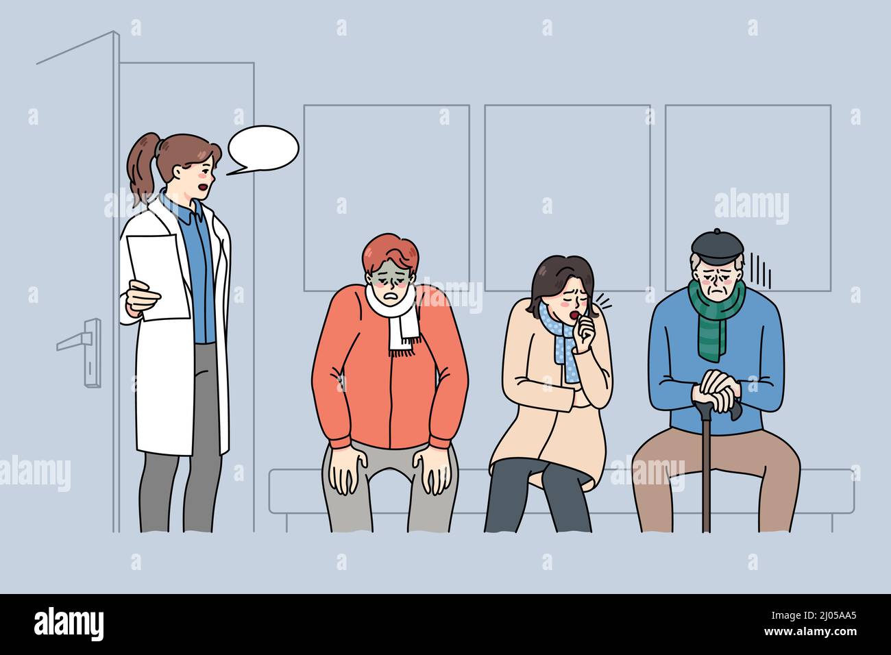 Patients sit in line wait for doctor appointment in clinic. Female ...