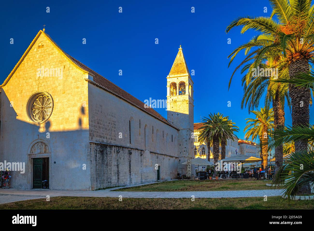 Historic architecture in Trogir with bell tower of Church of St ...