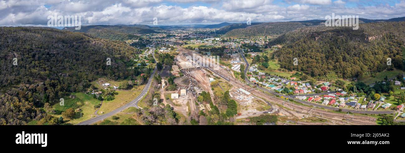 Drone aerial panoramic photograph of the Lithgow Train maintenance ...