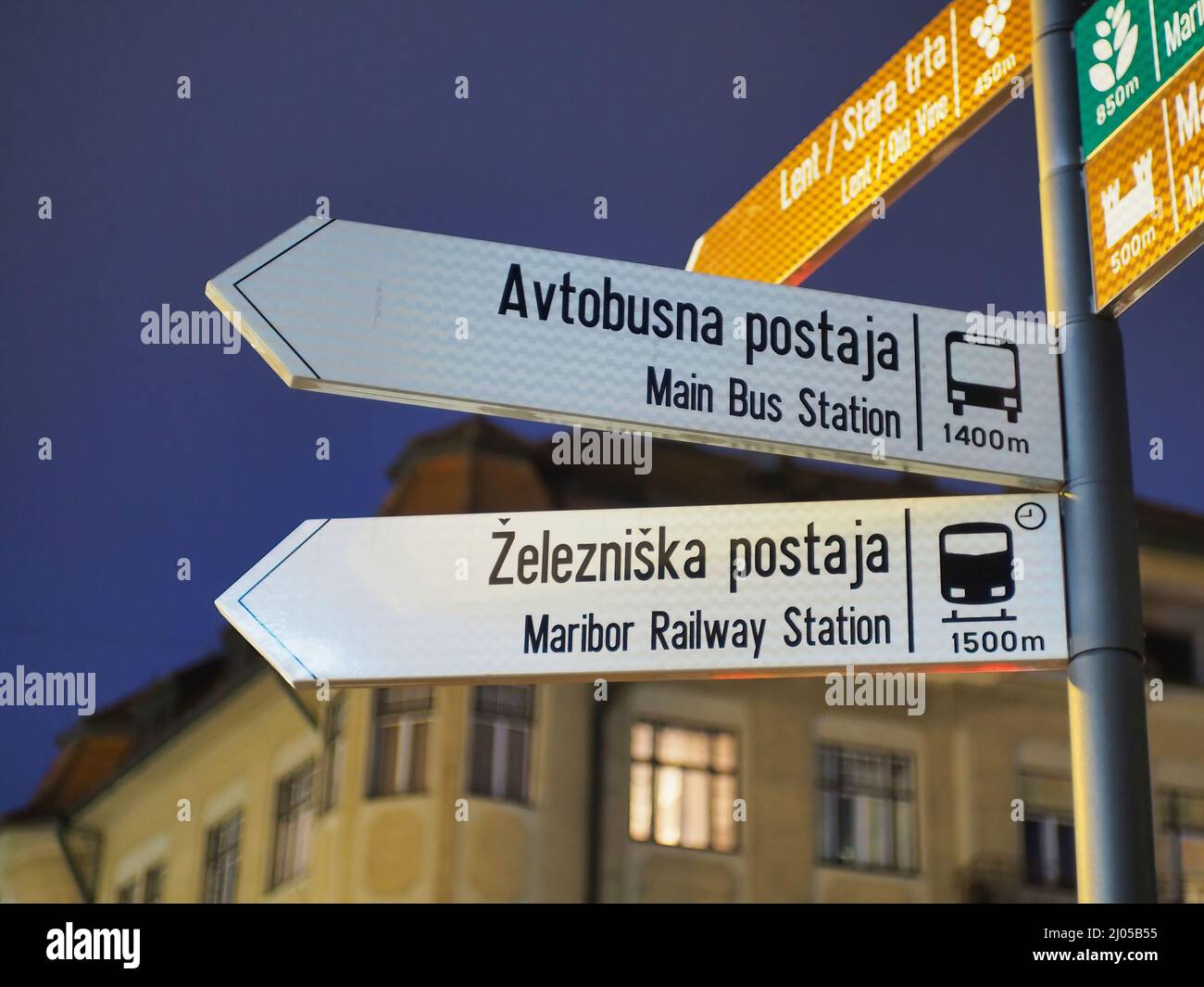 Closeup of the signs of the stations and the distance in Slovenia Stock ...