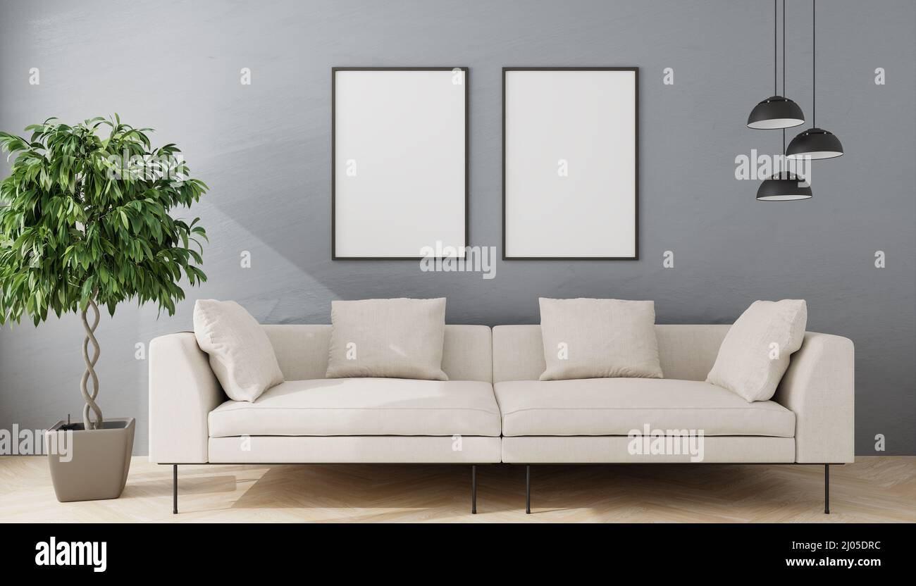 Two picture frame mockups on a gray structured wall with sofa, ficus ...
