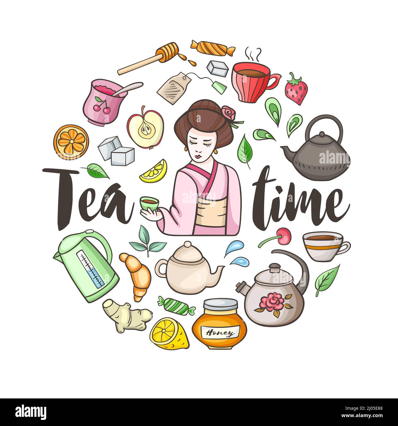 Round background with tea and sweets Stock Photo - Alamy