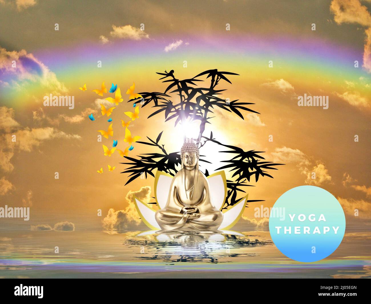 Spiritual background with buddha statue and yoga therapy text Stock ...