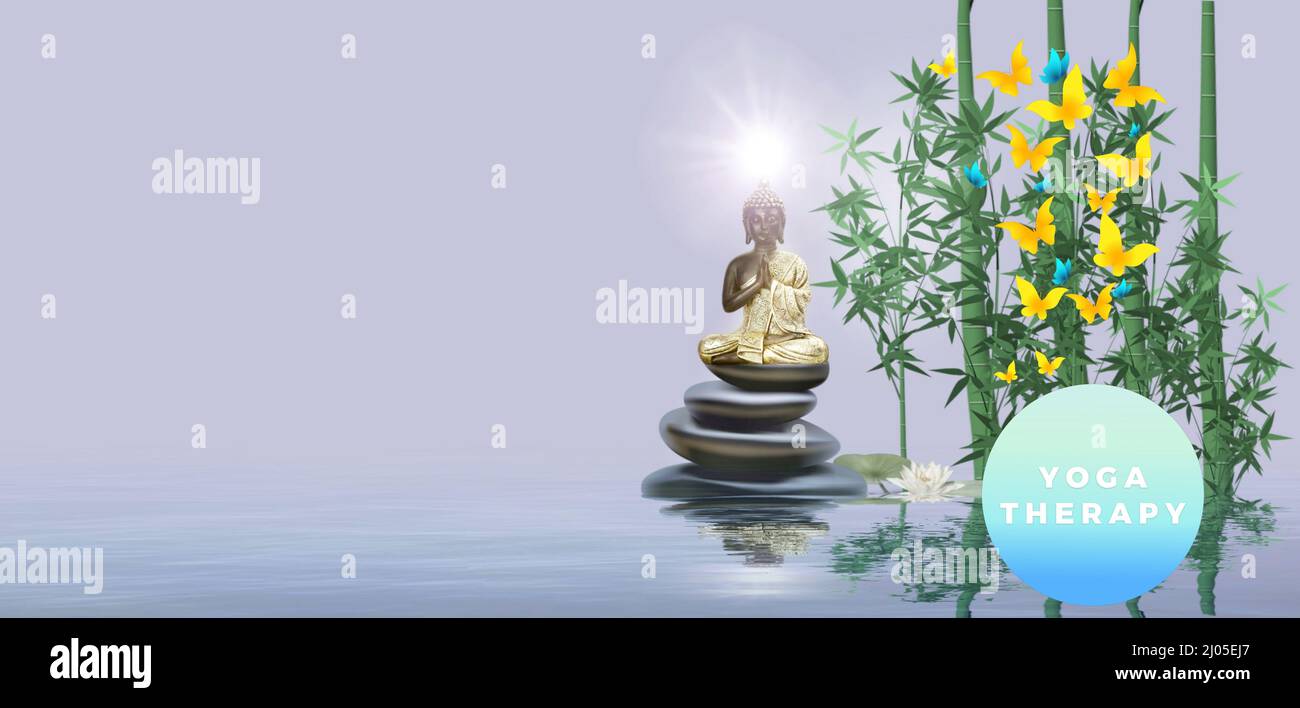Spiritual background with buddha statue and yoga therapy text Stock ...