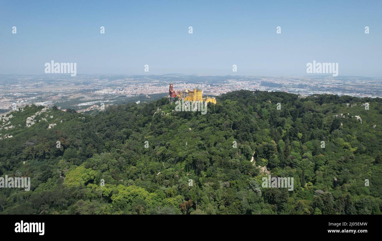 Aerial view of the beautiful Pena Palace in Sintra, Portugal Stock ...
