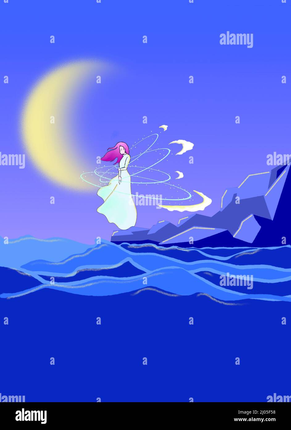 Vertical illustration of the cartoon character- a female over the sea ...