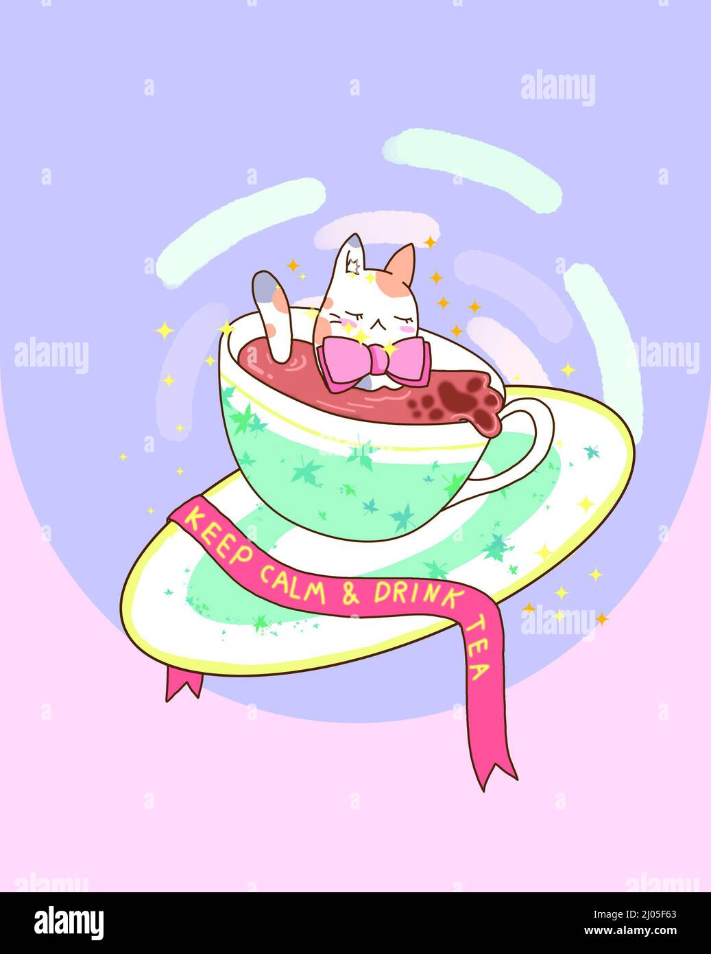 Vertical graphic illustration of the cute kitten in the teacup Stock ...