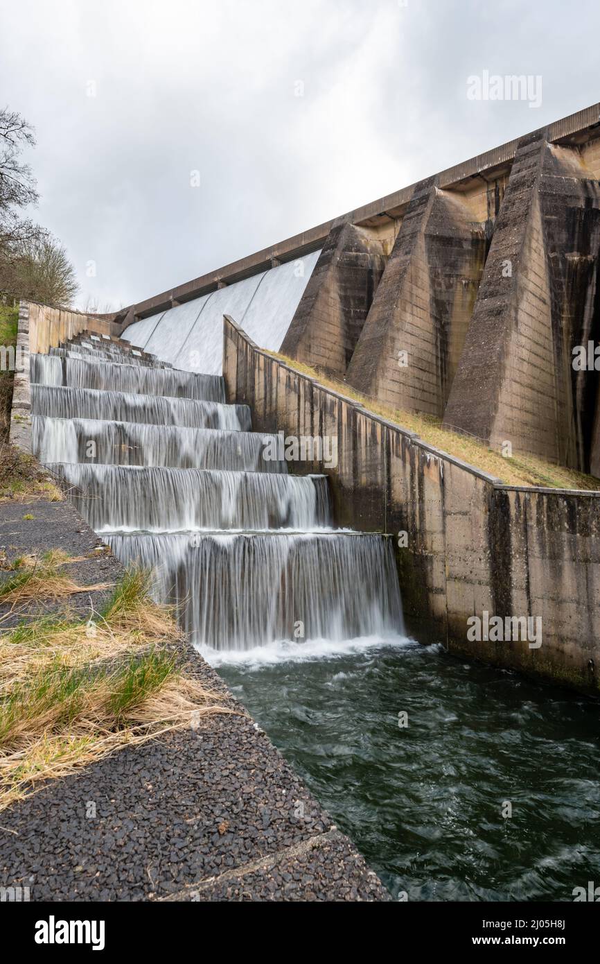 Long exposure of the waterfalls flowing over Wimbleball dam in Somerset ...