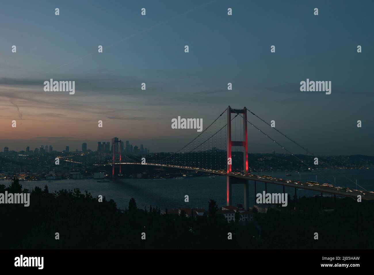 Istanbul view. Bosphorus Bridge at dusk. Noise included. Travel to ...