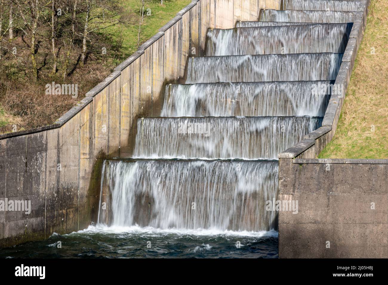 Long exposure of the waterfalls flowing over Wimbleball dam in Somerset ...