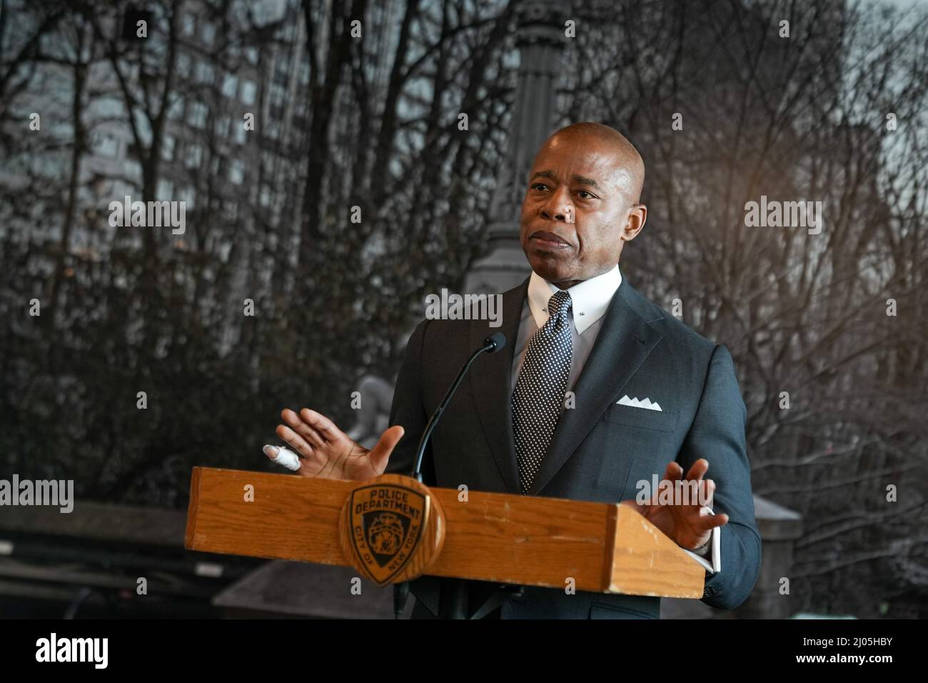 Mayor Eric Adams briefs the media regarding the rollout of the ...