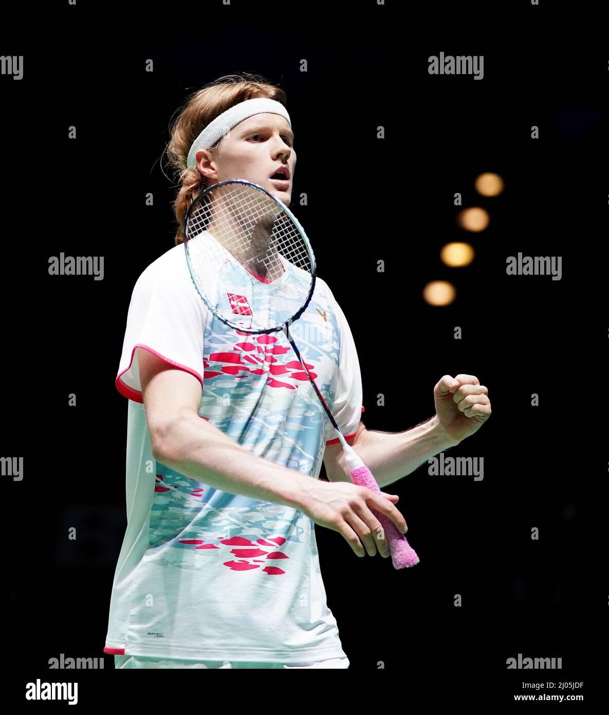 Denmark's Anders Antonsen in action during his match against Singapore ...