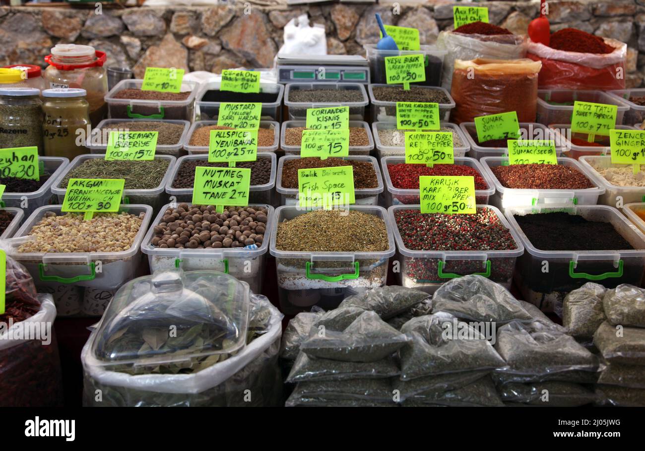 Spice display at local market. Village spices. Front view and close up ...