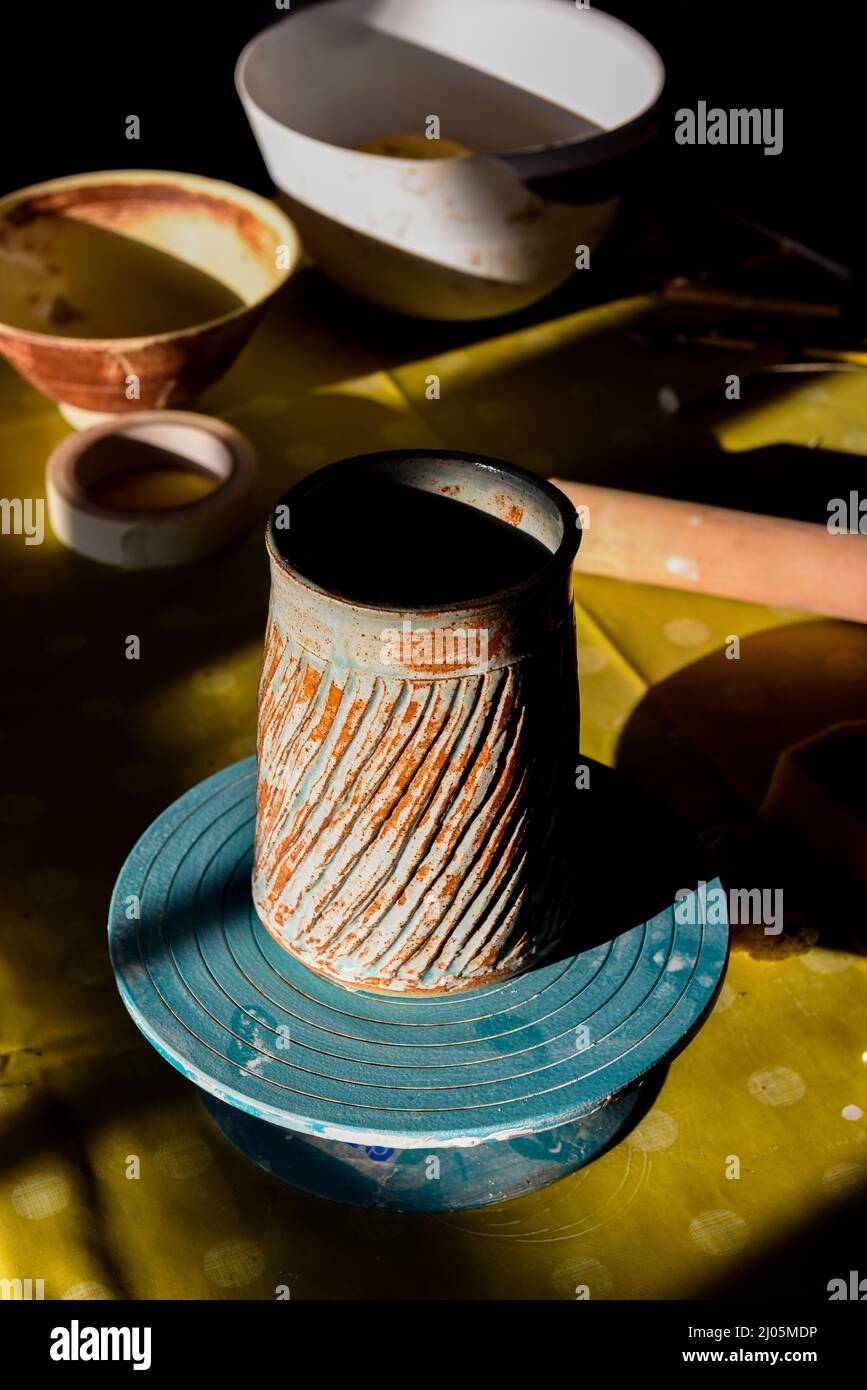 Ceramic art made from pottery displayed in a working ceramics studio ...