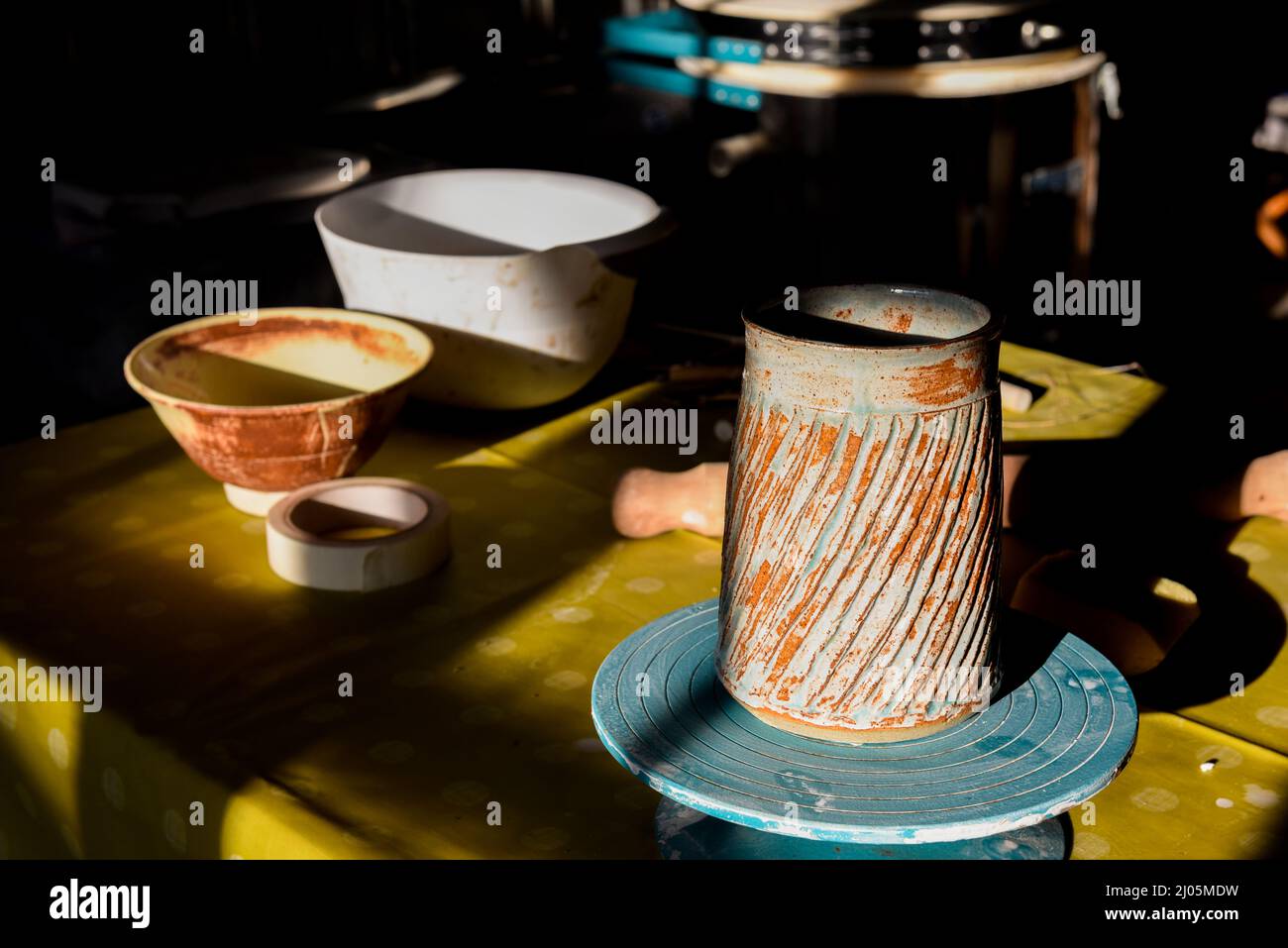 Ceramic art made from pottery displayed in a working ceramics studio ...