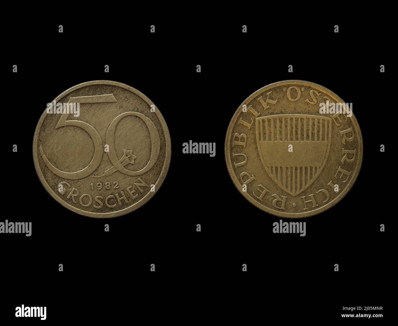 Closeup of Austrian schilling coin (50 groschen) isolated on black ...