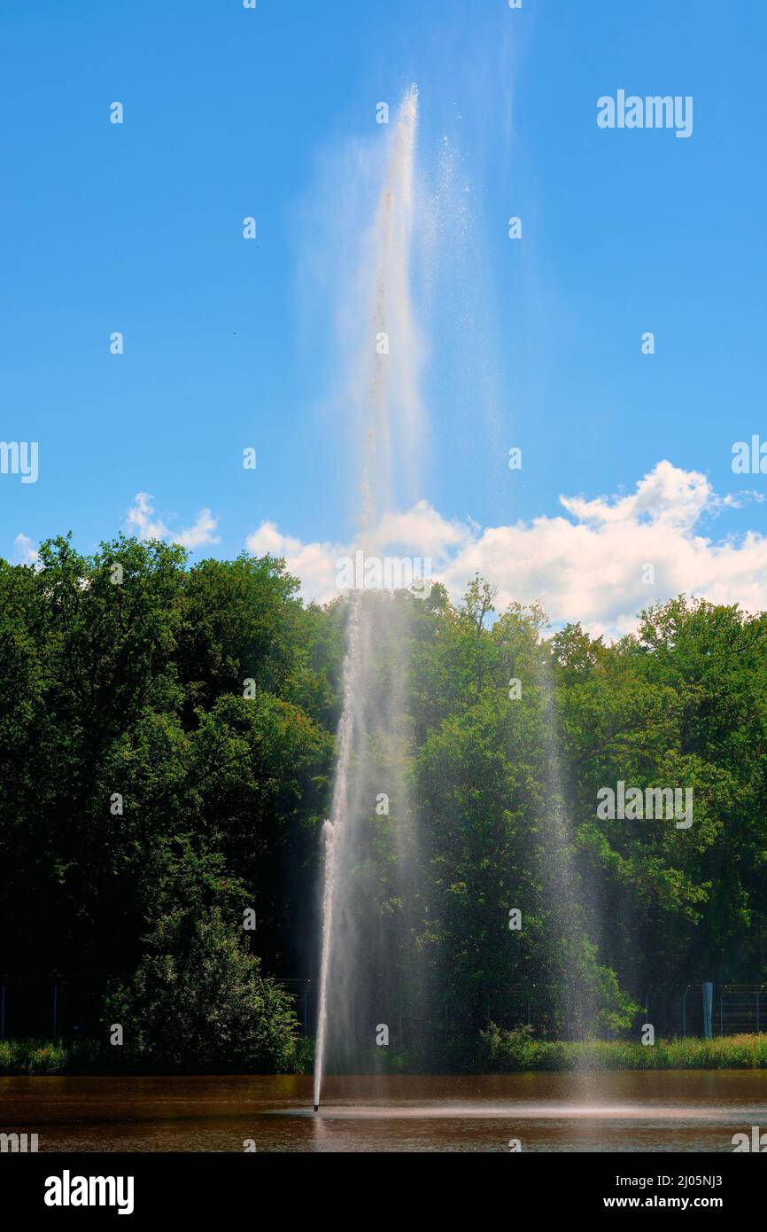 Vertical shot of a lake water fountain in a forest during the day Stock ...