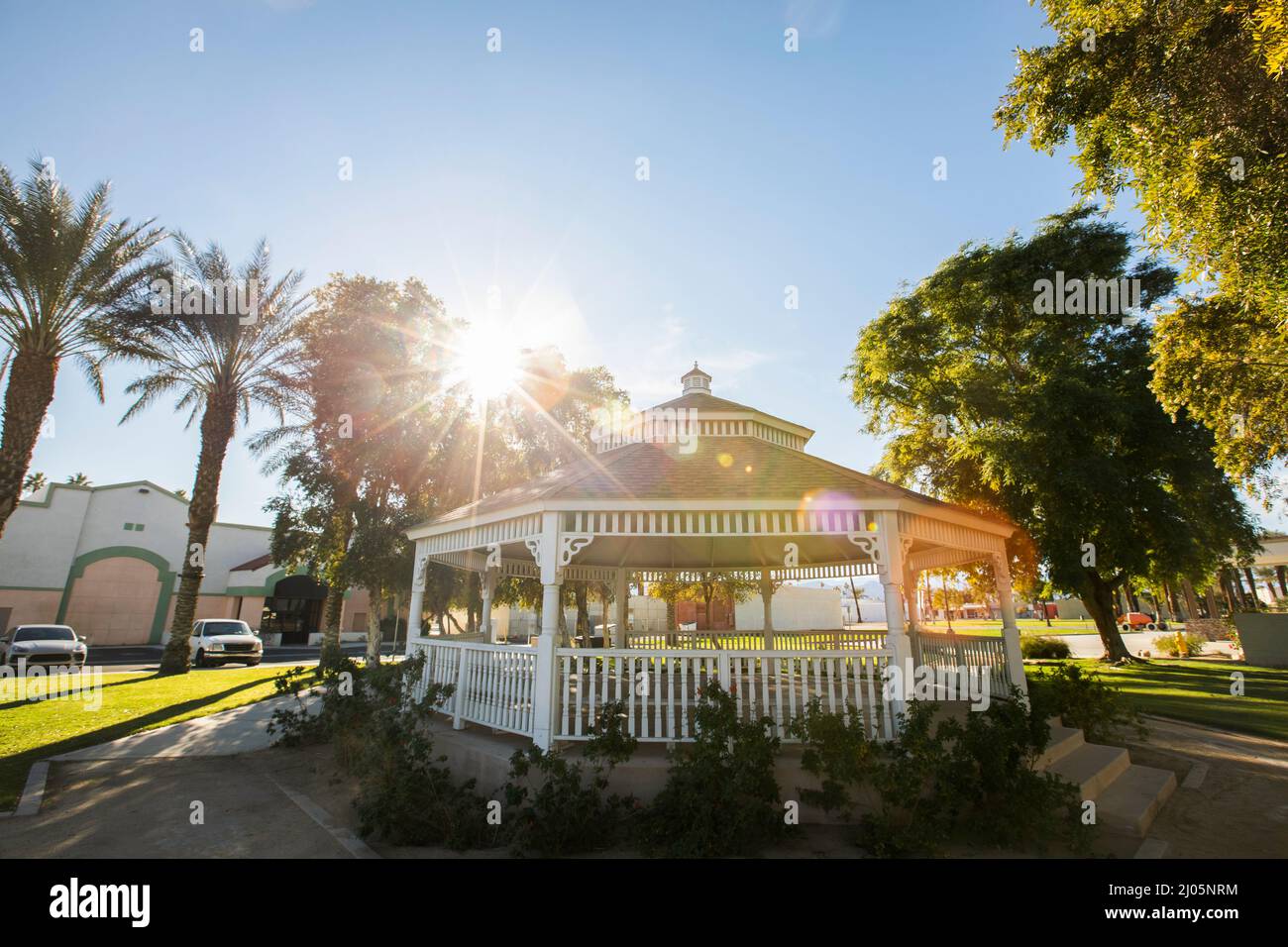 Late afternoon view of a public park in downtown Indio, California, USA ...