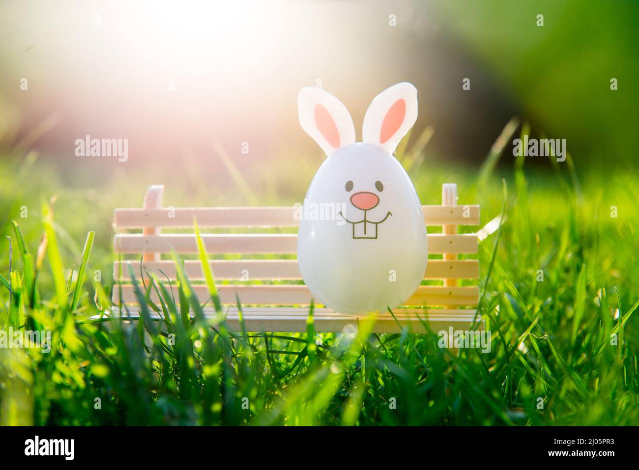 Creative Easter composition of Funny Easter egg with bunny ears sitting ...