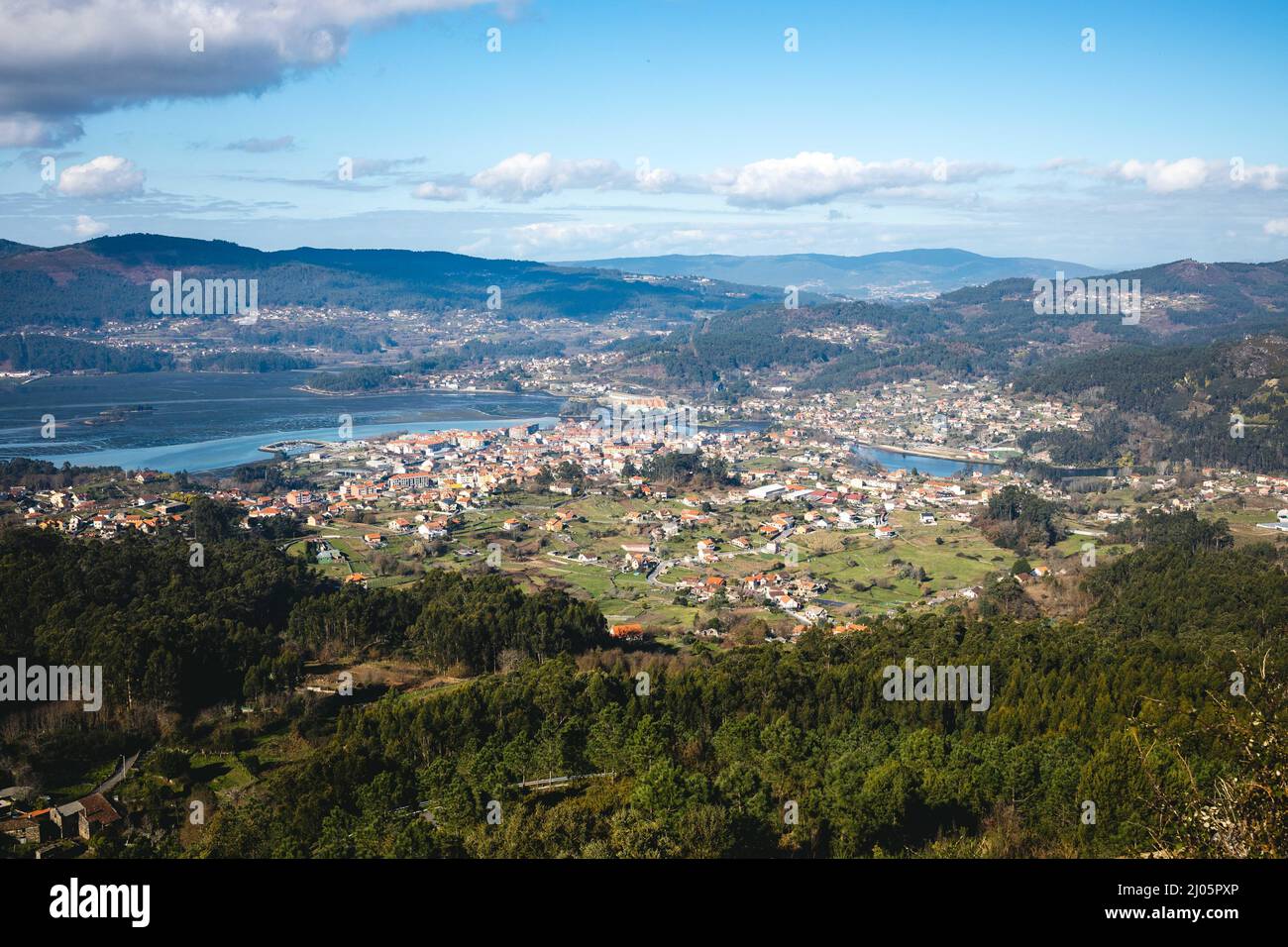 Aerial view of a beautiful landscape with buildings in Galicia, Spain ...