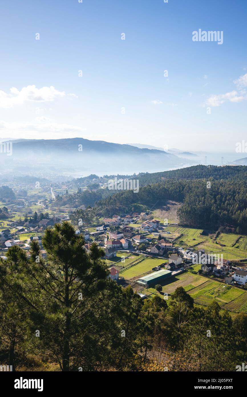 Aerial view of a beautiful landscape with buildings in Galicia, Spain ...
