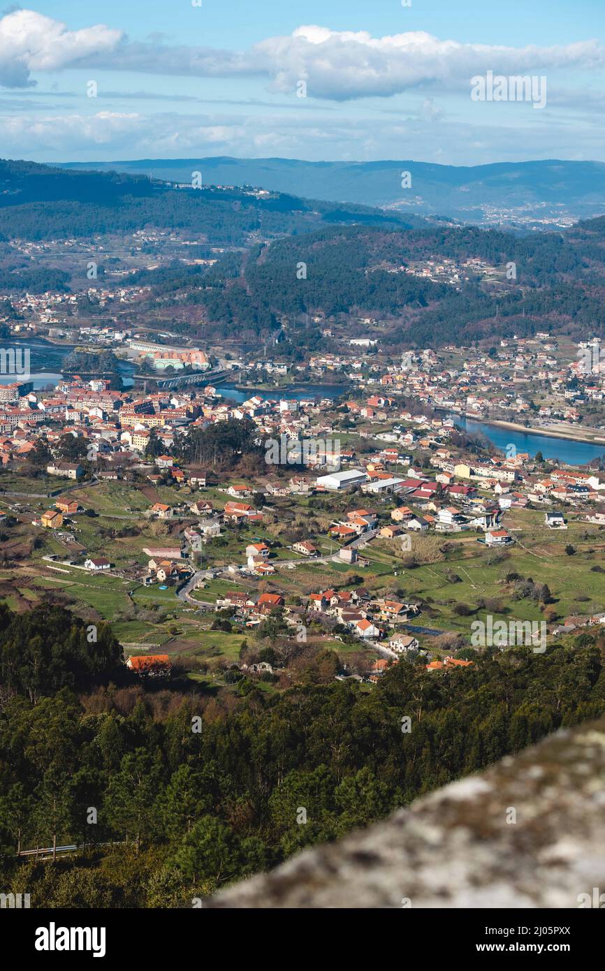 Aerial view of a beautiful landscape with buildings in Galicia, Spain ...