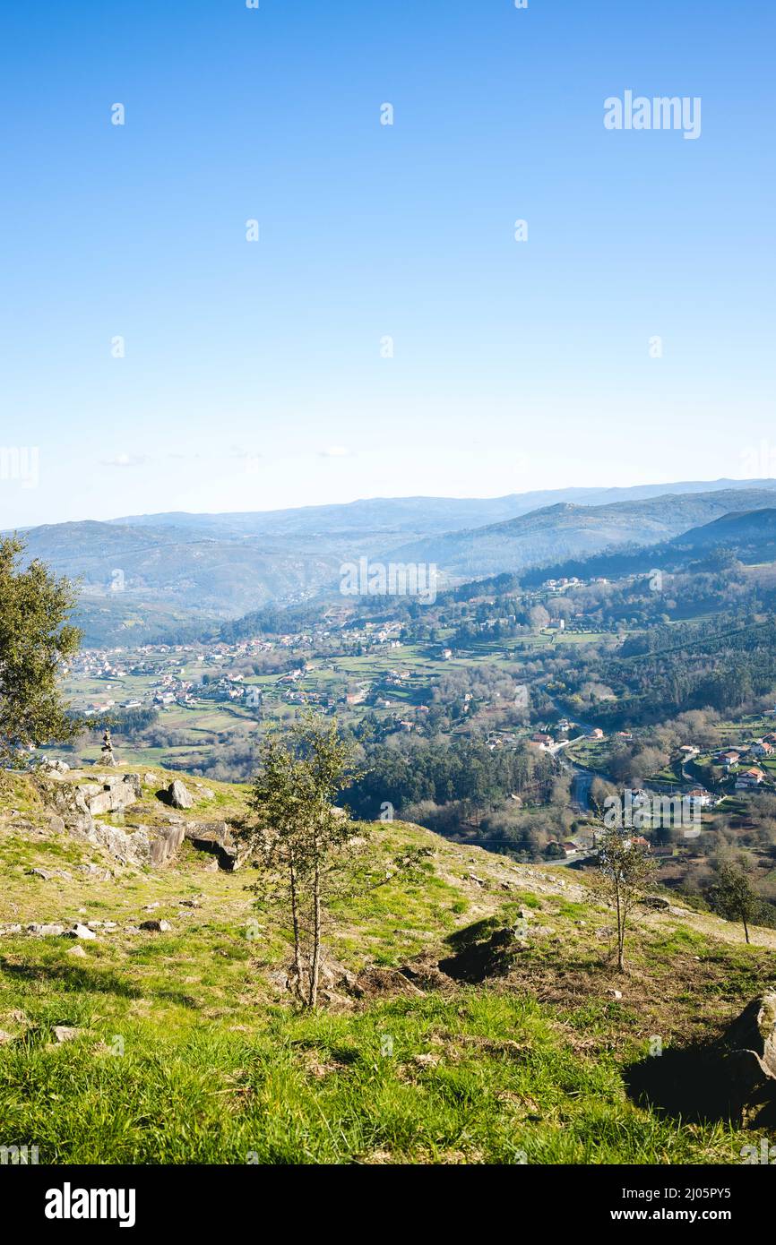 Aerial view of a beautiful landscape with buildings in Galicia, Spain ...