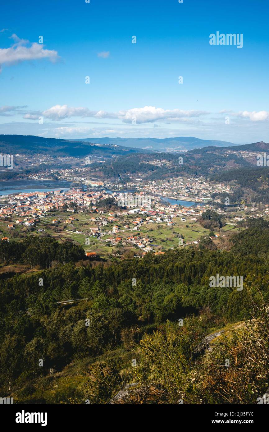 Aerial view of a beautiful landscape with buildings in Galicia, Spain ...