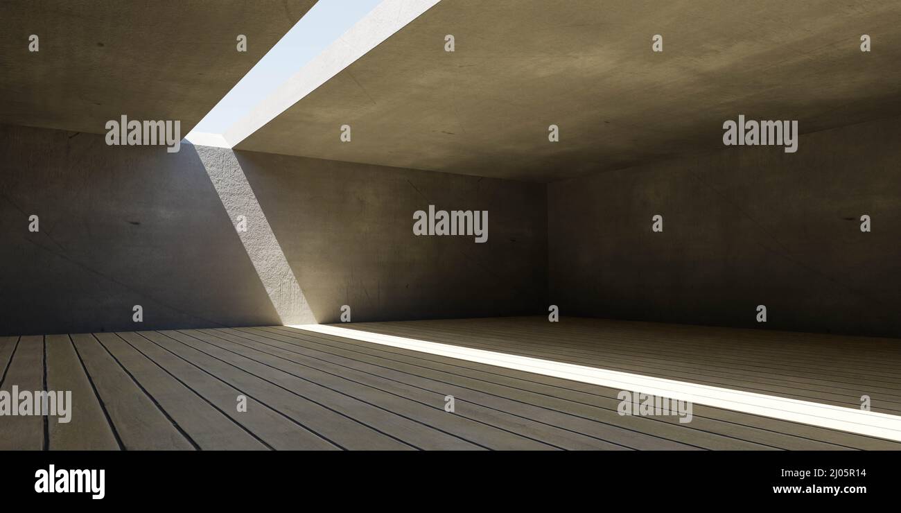 empty concrete basement interior with sky and day lighting and wood ...