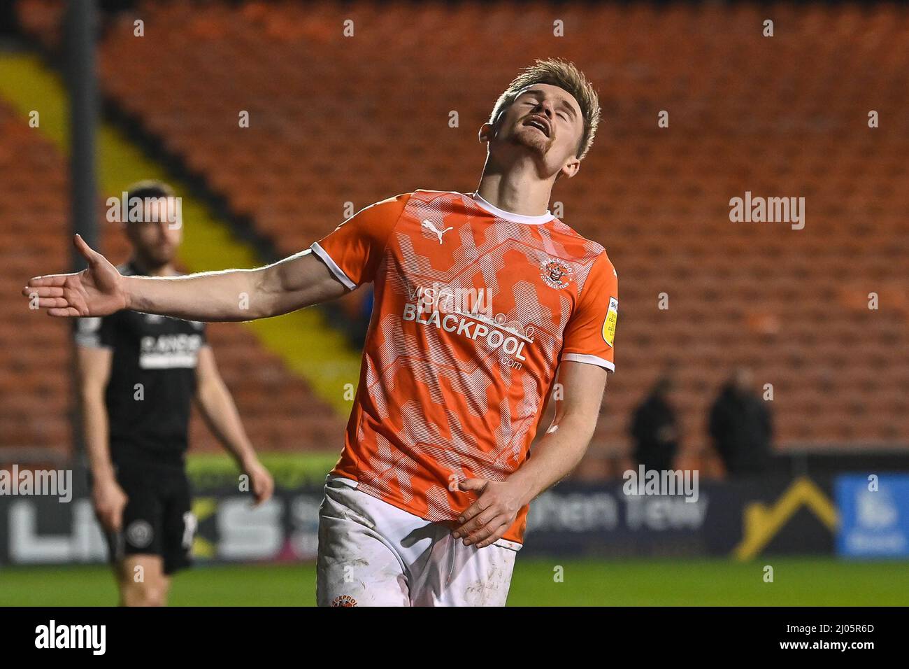 Callum Connolly #2 of Blackpool reacts to a close miss on goal Stock ...