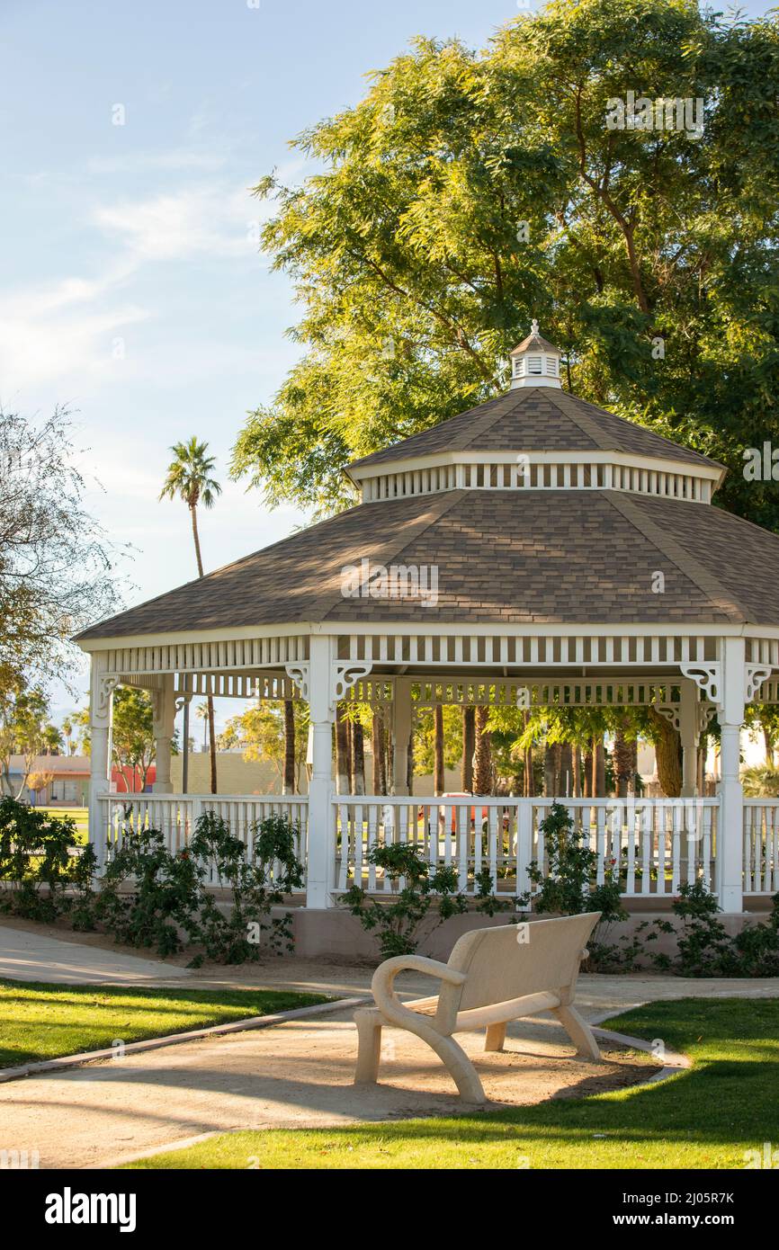 Late afternoon view of a public park in downtown Indio, California, USA ...