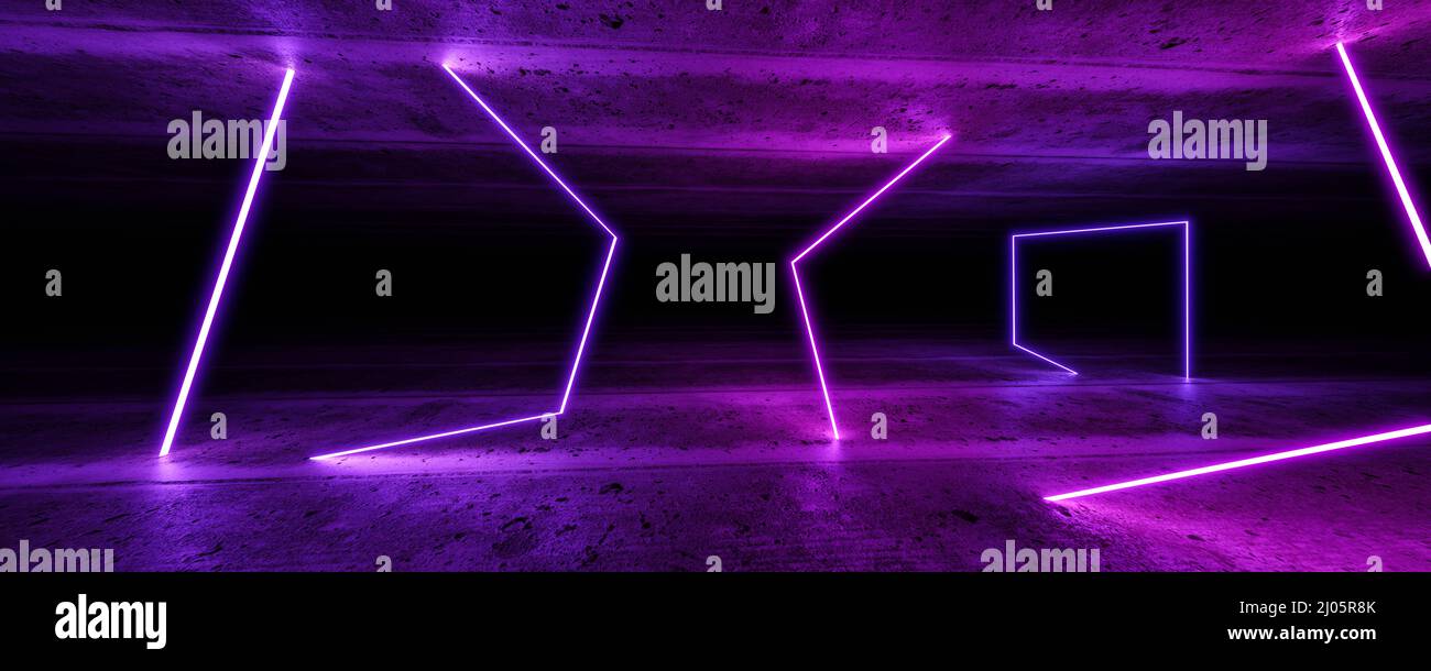 empty futuristic neon light dark concrete basement 3d render ...