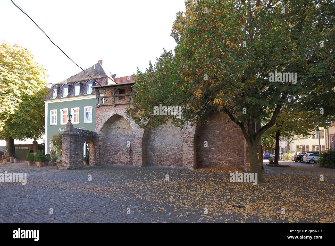Historic city wall on Kirchenstrasse in Ladenburg, Baden-Württemberg ...