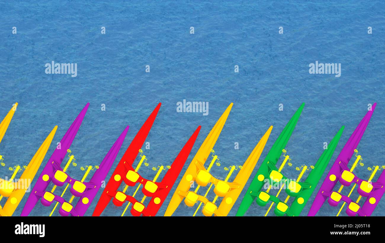 row of catamarans of different colors top view. 3d rendering Stock ...