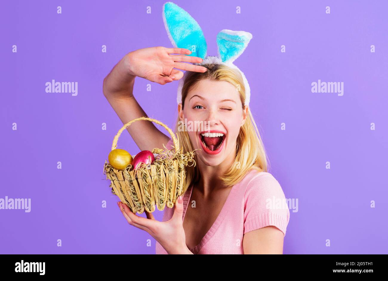 Happy Easter Girl With Basket Eggs Showing Sign Ok Winking Woman In