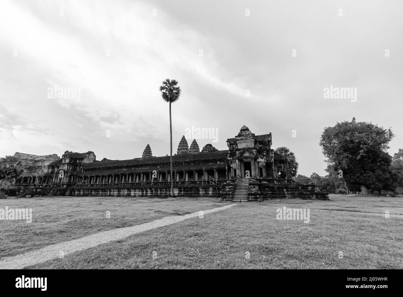 Black and white view at the UNESCO heritage site Angkor Wat, Siem Reap ...
