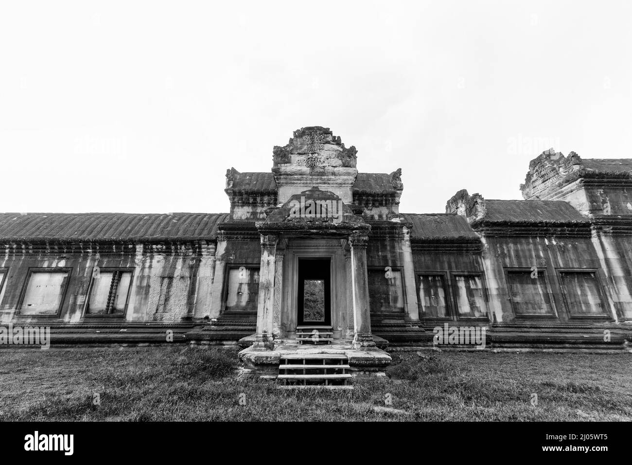 Black and white view at the UNESCO heritage site Angkor Wat, Siem Reap ...