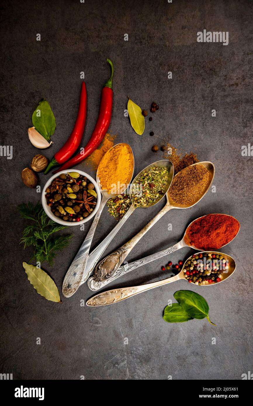 Different types of culinary spices on a gray surface in old metal ...