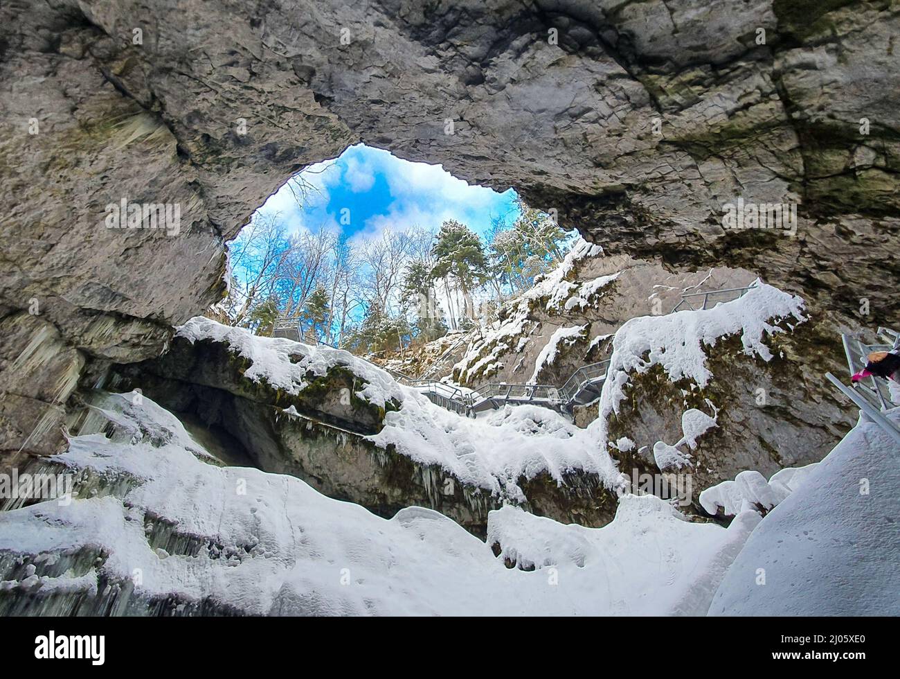 Mesmerizing view from Scarisoara cave in winter in Romania Stock Photo ...