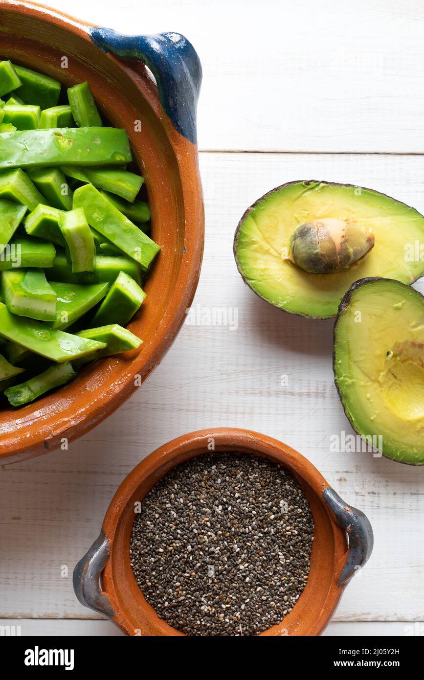Mexican ingredients: Avocado, nopal cactus and chia seeds Stock Photo ...