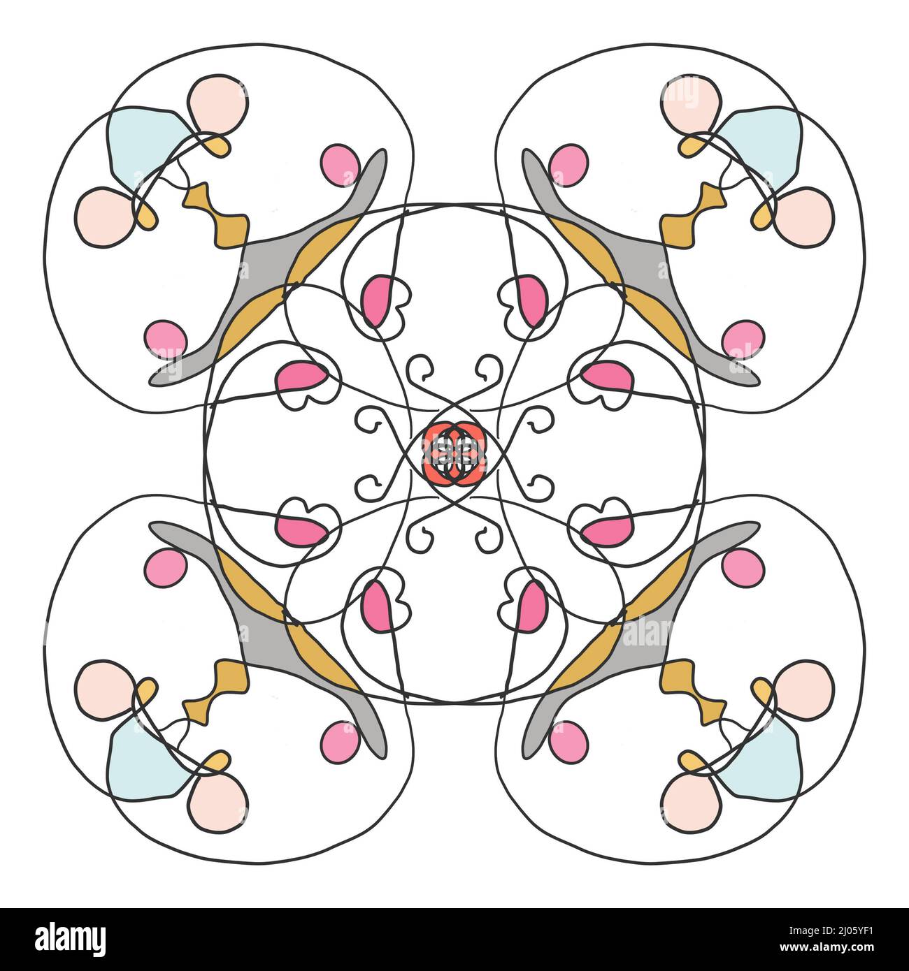 Hand drawn doodle in repeating pattern circular design illustration on ...