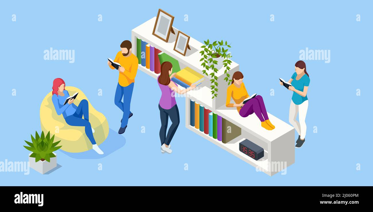 Isometric concept of people reading or students studying, earning ...