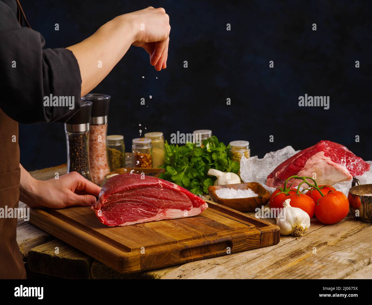 Preparation of products from a whole piece of meat - pork, veal, beef ...