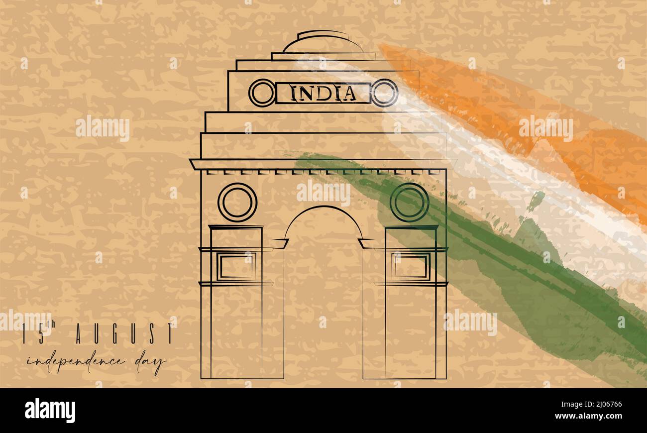 Outline of the Indian gate Arc on a colored happy india independence ...