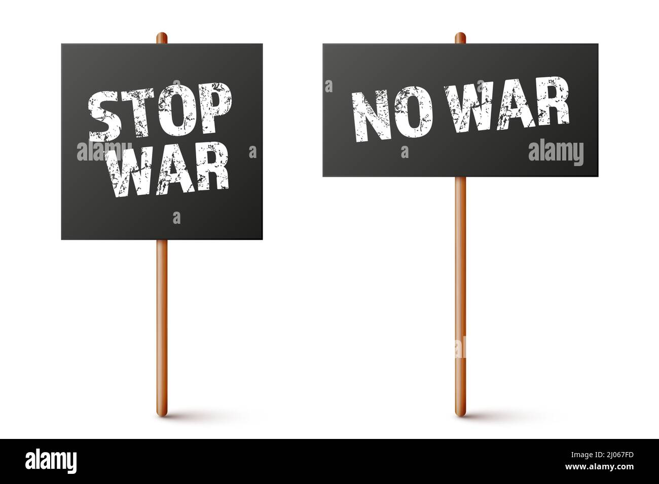 Black protest sign on wooden holder. Stop war. Realistic demonstration ...