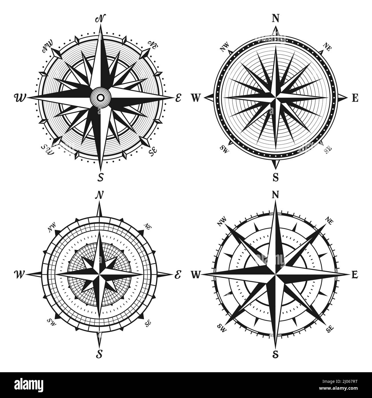 Vintage marine wind rose, nautical chart. Monochrome navigational ...