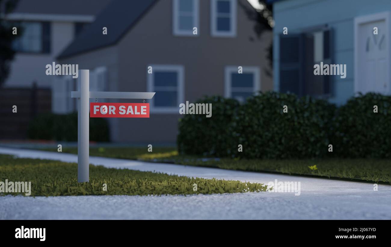 Real estate sign in front of a house for sale in a nice suburban ...