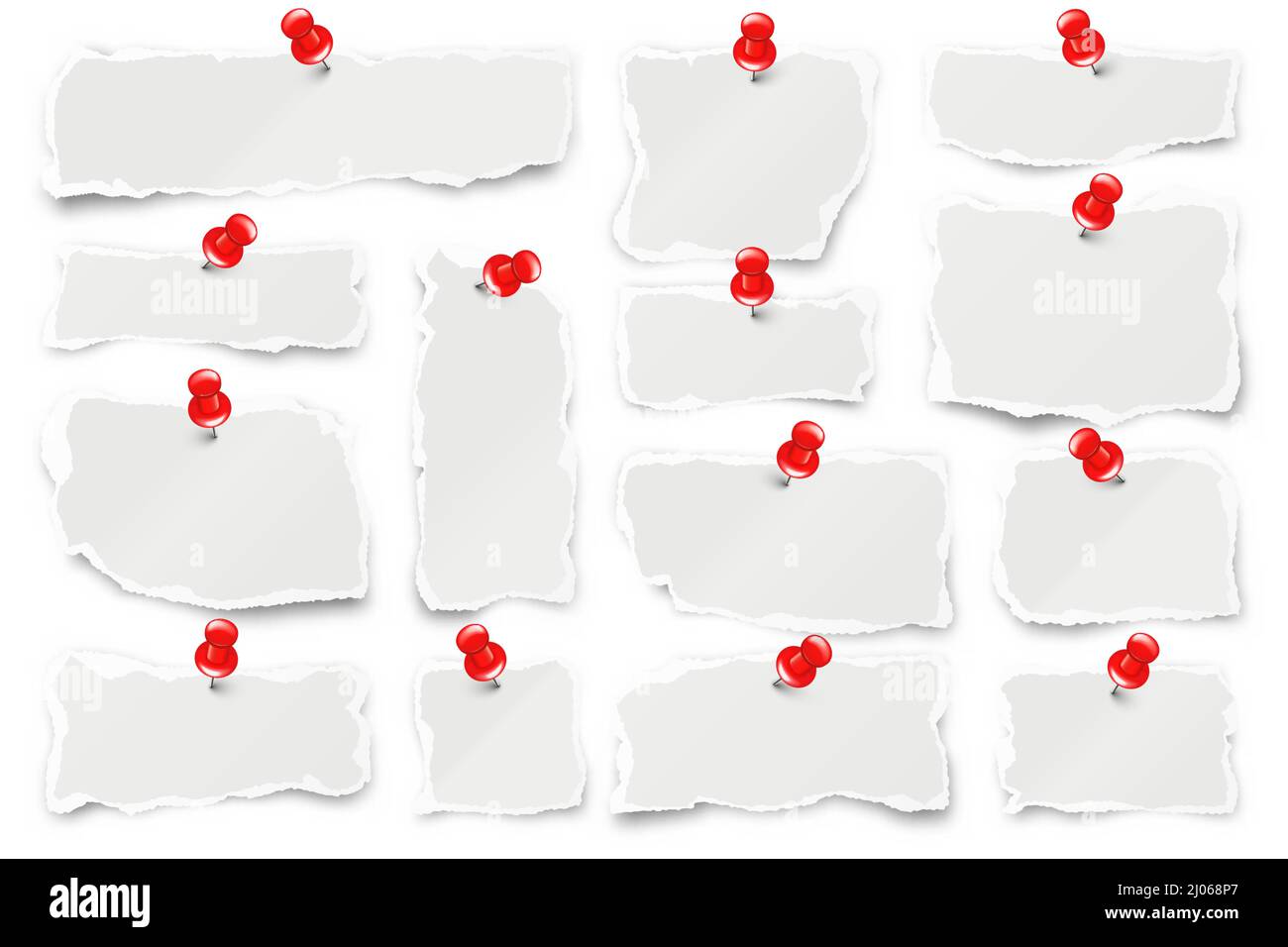 Ripped paper strips with red push pins. Realistic crumpled paper scraps ...